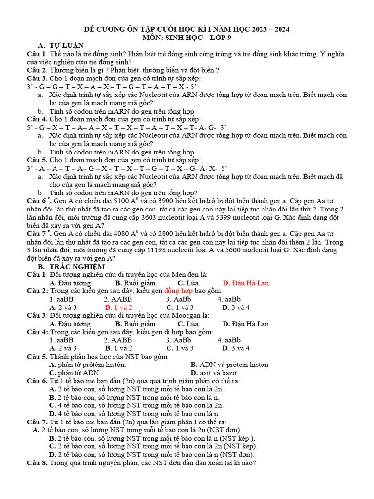 ĐỀ CƯƠNG CUỐI HỌC KÌ I- SINH 9 | PDF