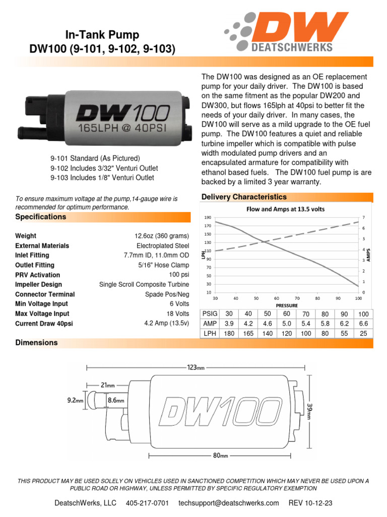 DW100 Fuel Pump Specs & Features | PDF | Pump | Electricity