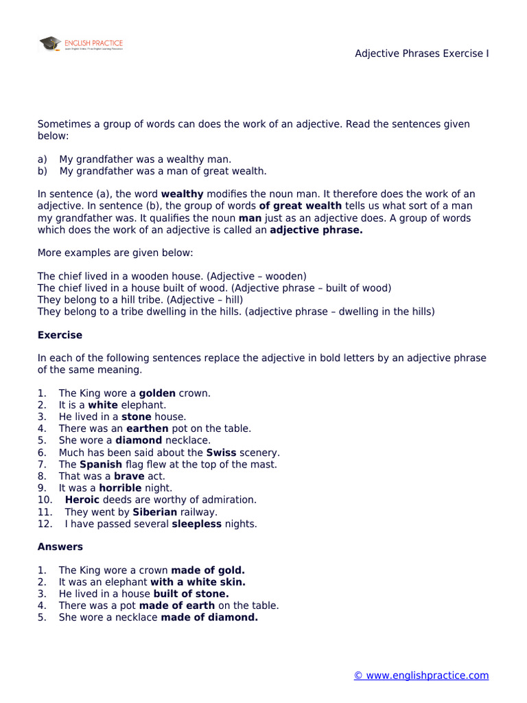 Adjective Phrases Exercise From My Uni 23 | PDF | Language Arts & Discipline
