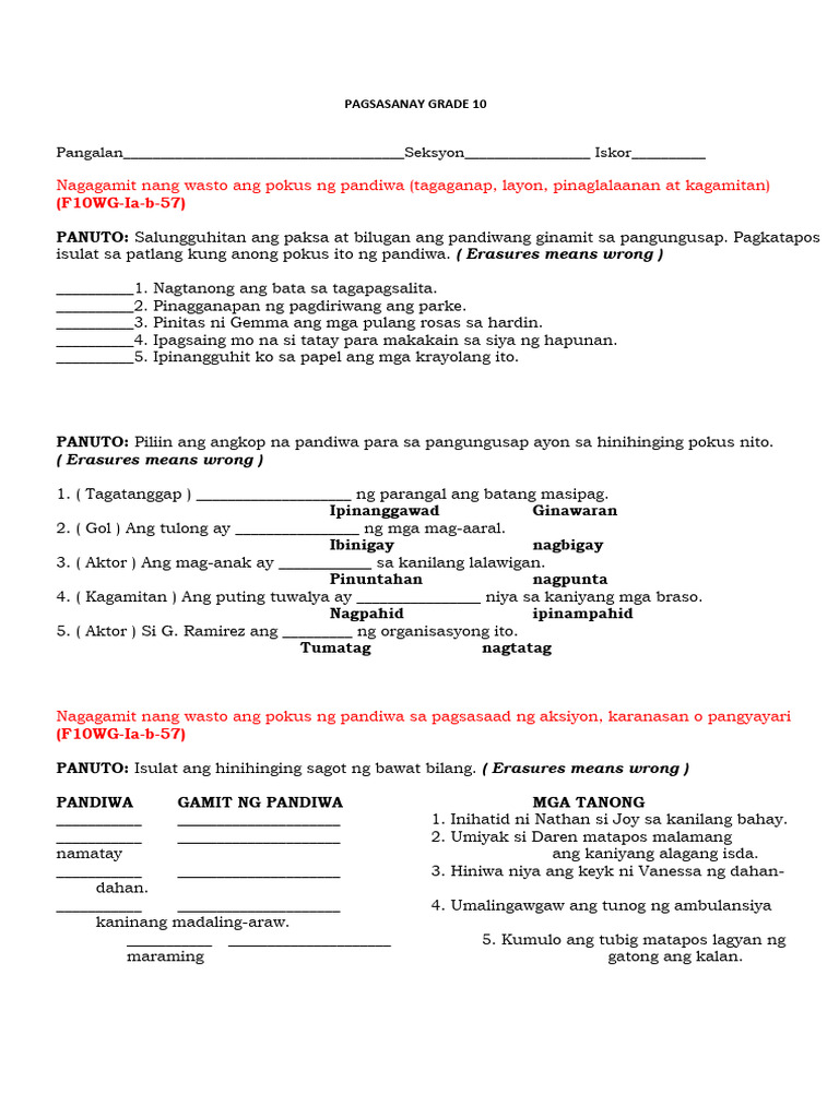 Pagsasanay Grade 10 | PDF