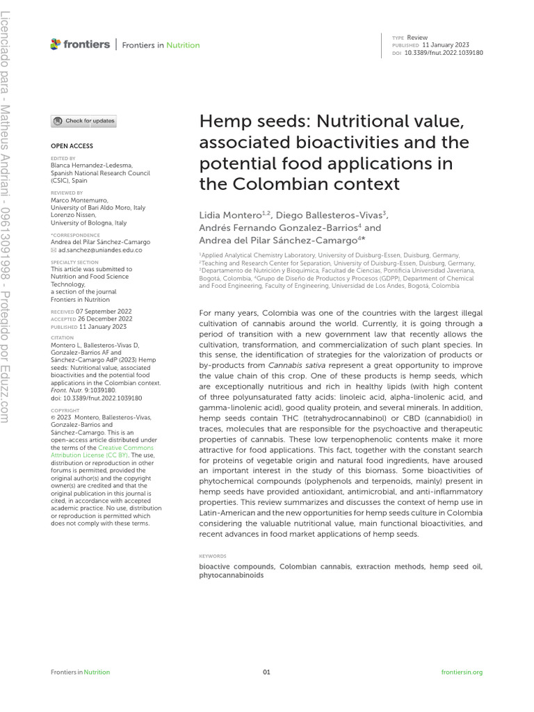 Hemp Seeds Nutritional Value Associated Bioactivities And The Potential Food Applications In The