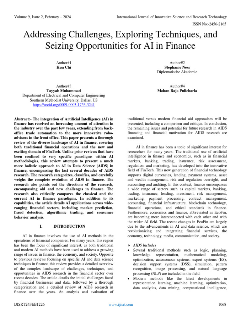 Addressing Challenges, Exploring Techniques, and Seizing Opportunities For AI in Finance | PDF ...