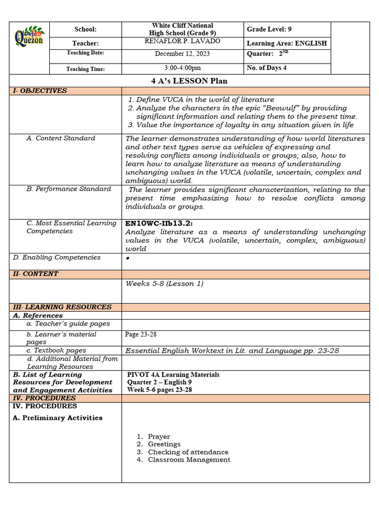 RPL 4a's LESSON-IN-ENGLISH 9 2nd Quater | PDF | Beowulf | Germanic ...