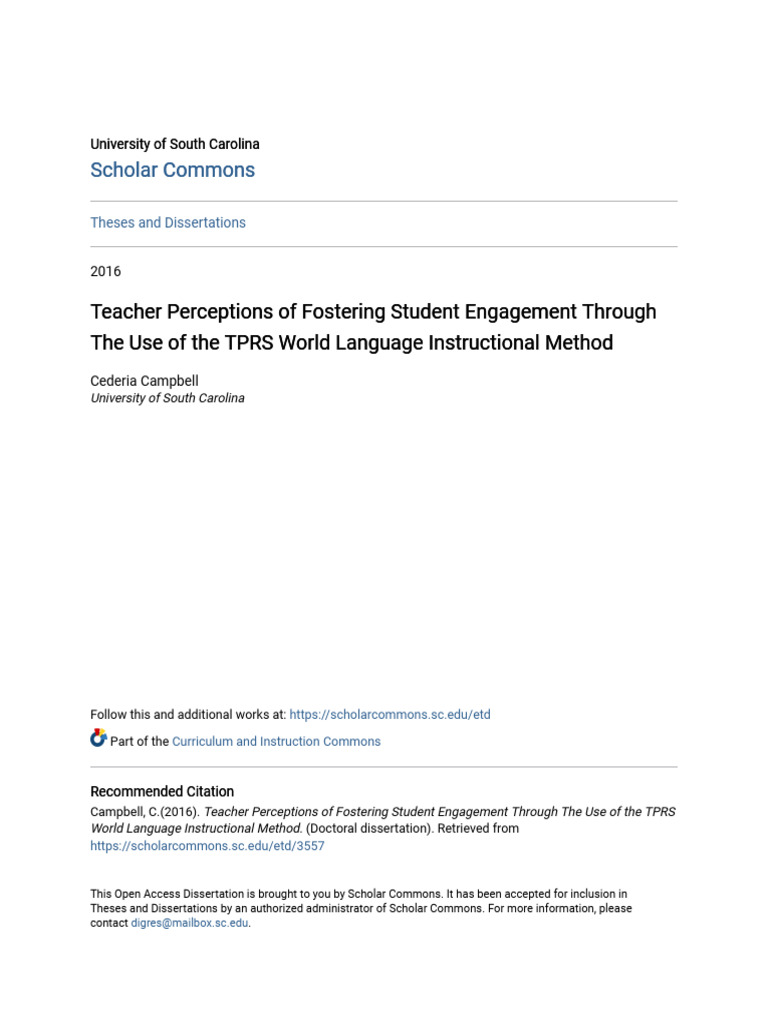 Teacher Perceptions of Fostering Student Engagement Through The U | PDF ...