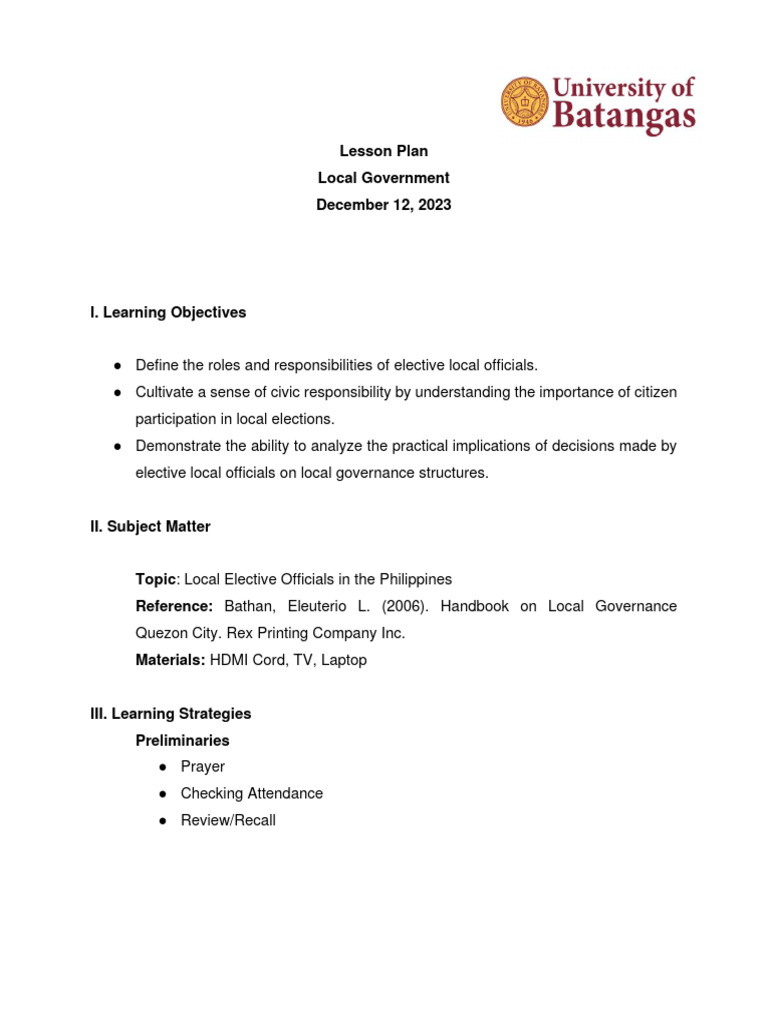 Local Government Lesson Plan | PDF | Behavior Modification | Cognitive ...