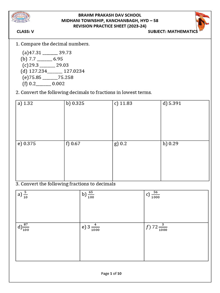 Class 5 Maths Revision Practice Sheet For Term 2 | PDF | Interest ...