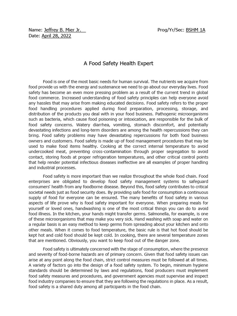 A Food Safety Health Expert - Jeffrey B. Mier Jr. BSHM 1A | PDF | Foodborne Illness | Food Safety