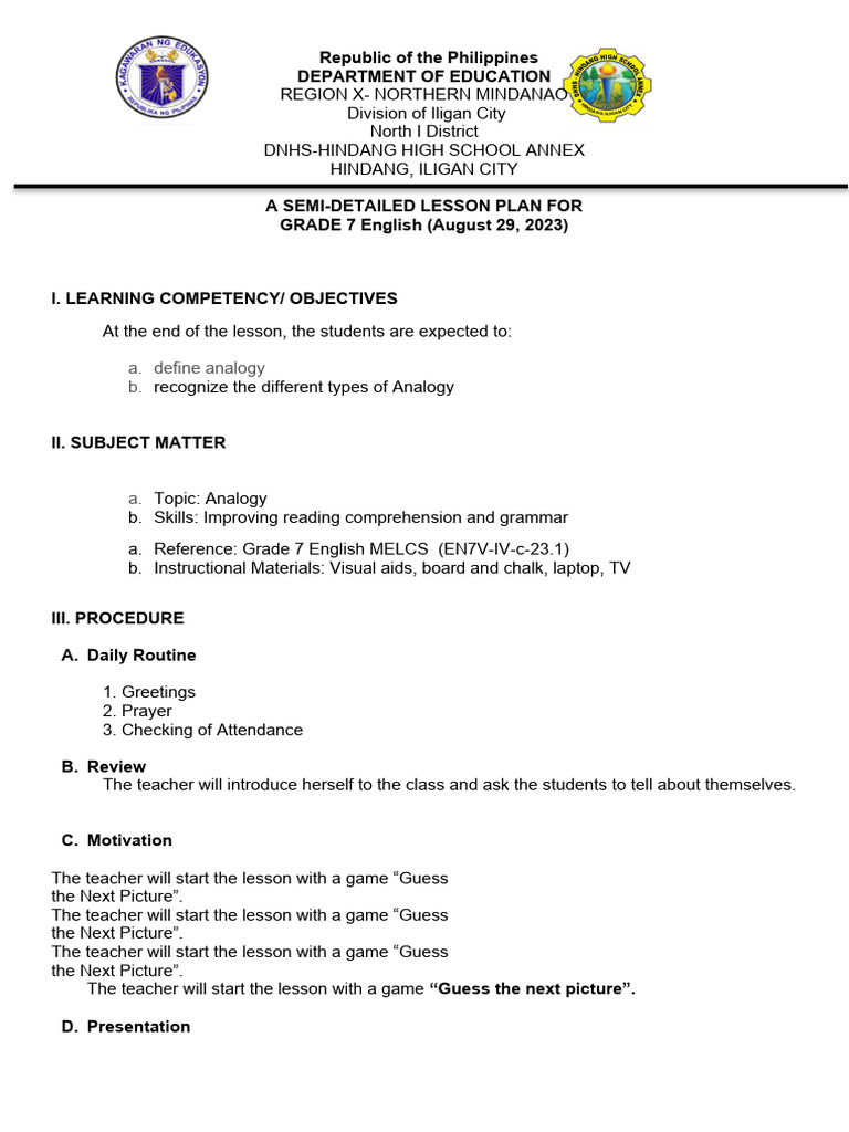 1Q-SEMI-LP-7 Analogy | PDF | Lesson Plan | Teachers