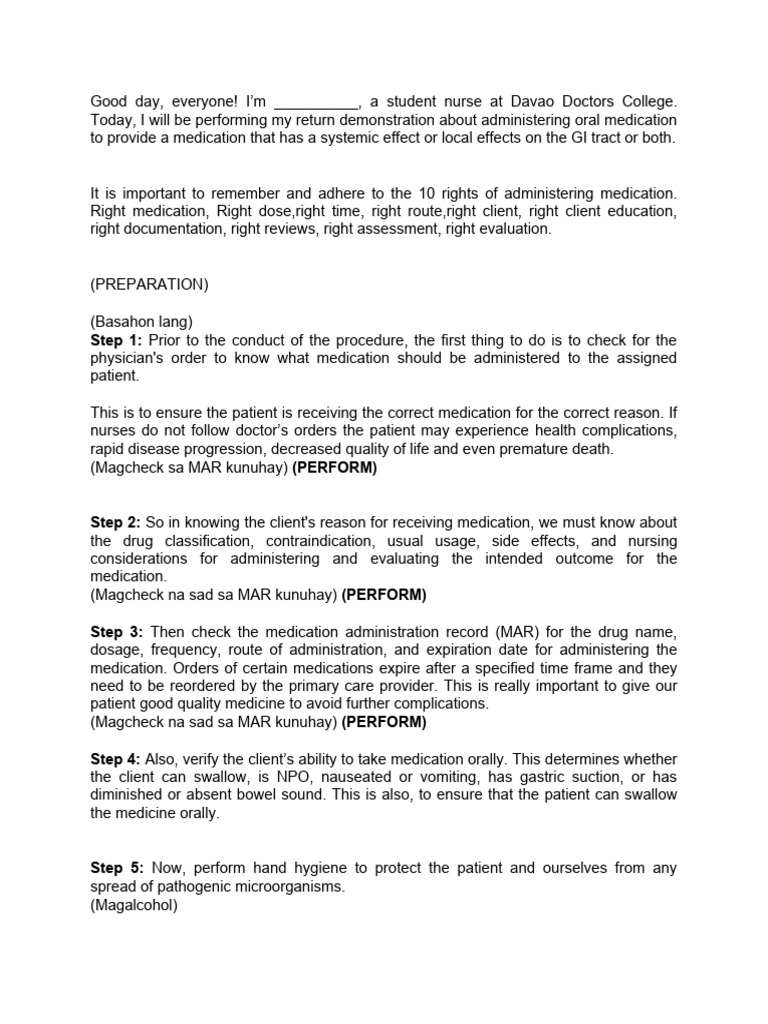 Administering Oral Medication Script | PDF