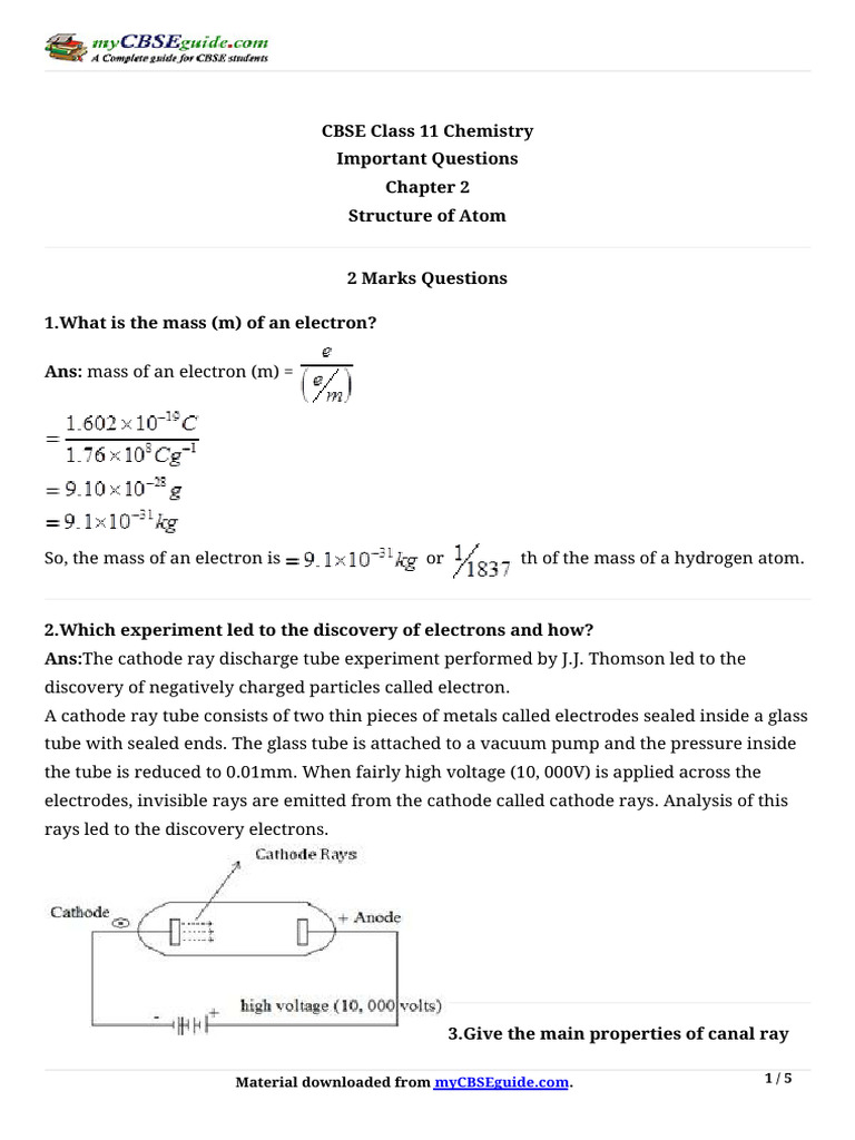 11 Chemistry Imp ch2 2 | PDF | Atoms | Electron