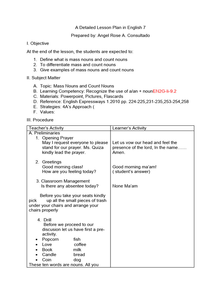 A Detailed Lesson Plan (Maam Joy) | PDF | Noun | Cognitive Science