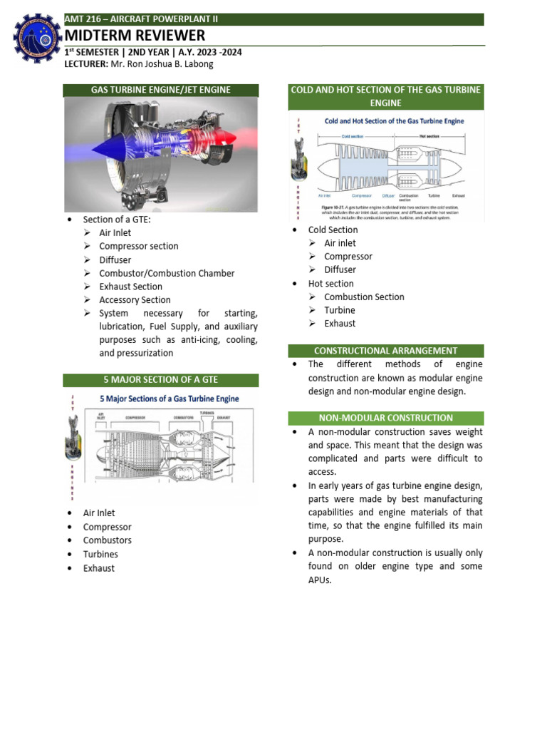 Amt 216 Midterm Reviewer | PDF | Jet Engine | Gas Turbine
