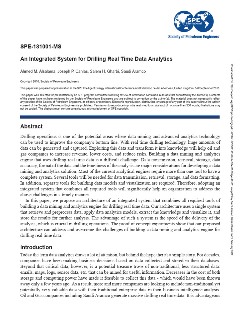 Spe-181001-An Integrated System For Drilling Real Time Data Analytics ARAMCO | PDF | Data ...