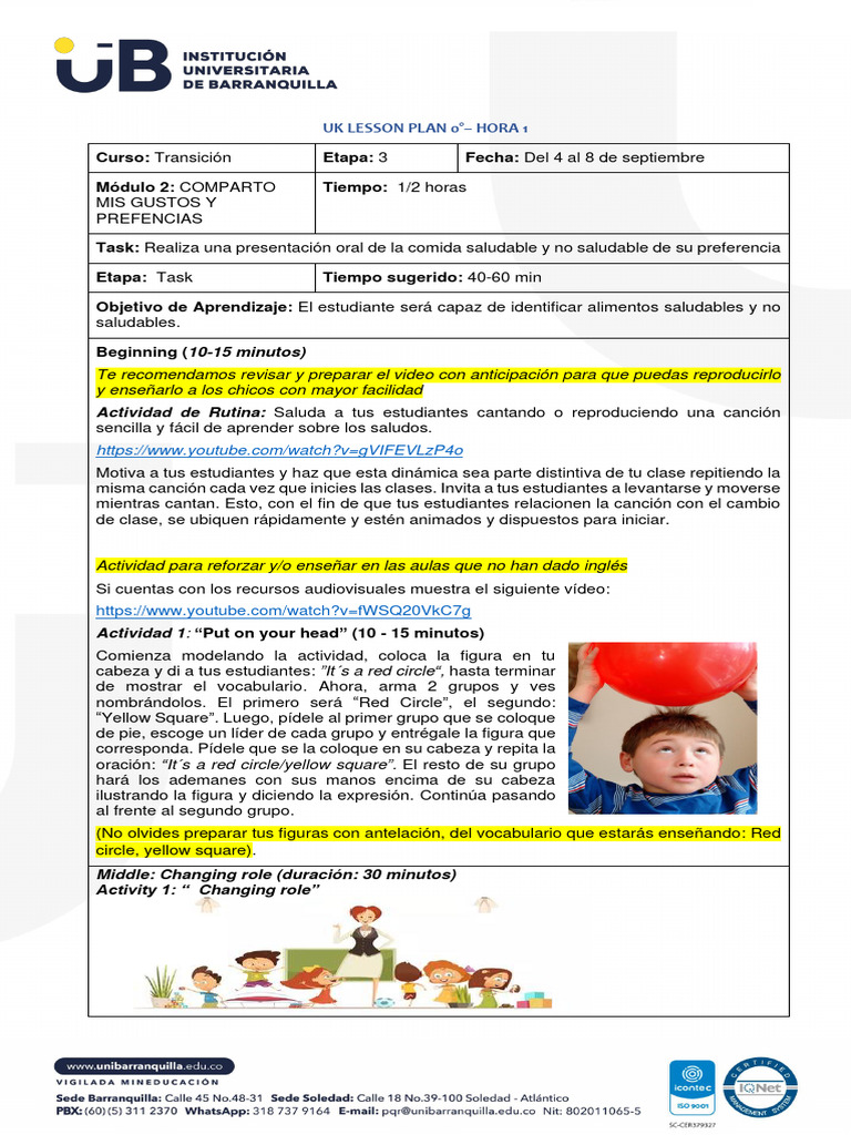 LESSON PLAN WEEK 8. TASK 2 Del 4 Al 8 de Septiembre. | PDF