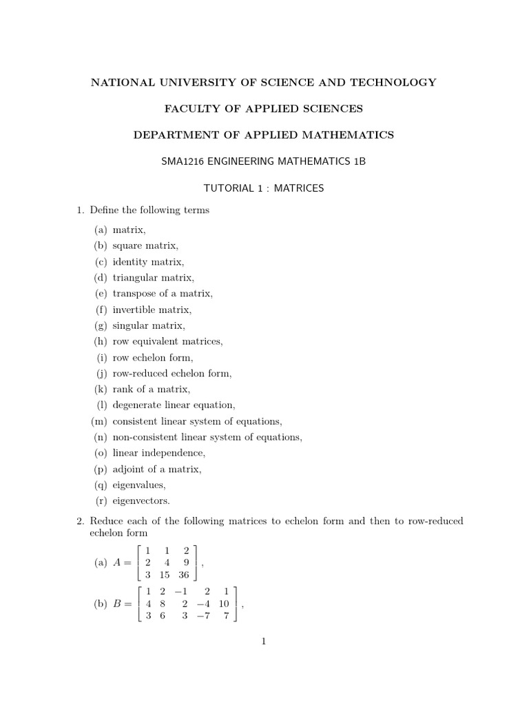 Sma 1216 Matrices Tutorial - March 2017 | Download Free PDF | Matrix (Mathematics) | Eigenvalues ...