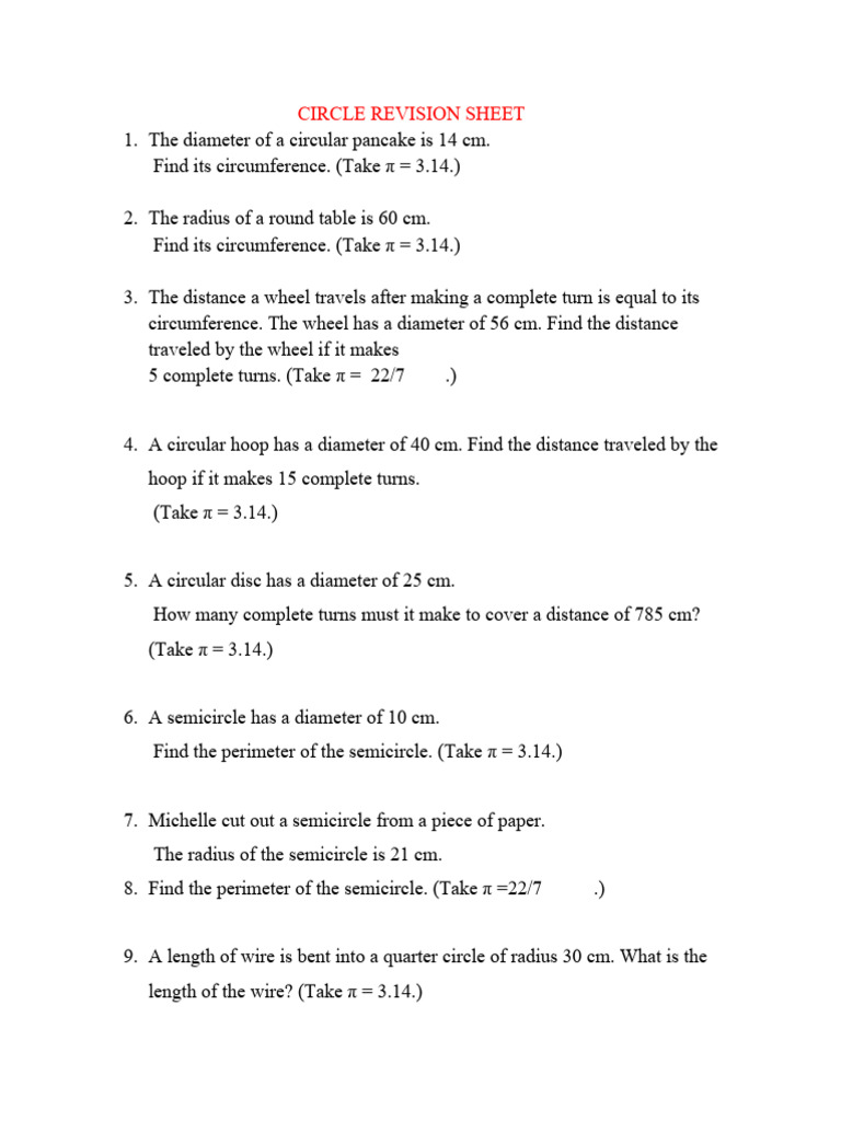 Grade 6 Circle Revision Worksheet | PDF