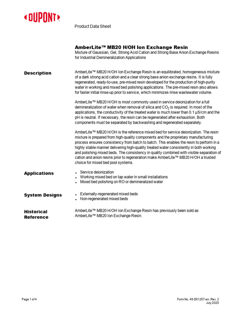 DuPont™ AmberLite™ MB20 H:OH Ion Exchange Resin | PDF