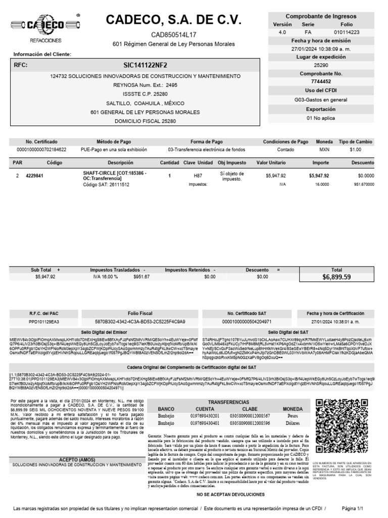 Cadeco, S.A. de C.V.: SIC141122NF2 | PDF