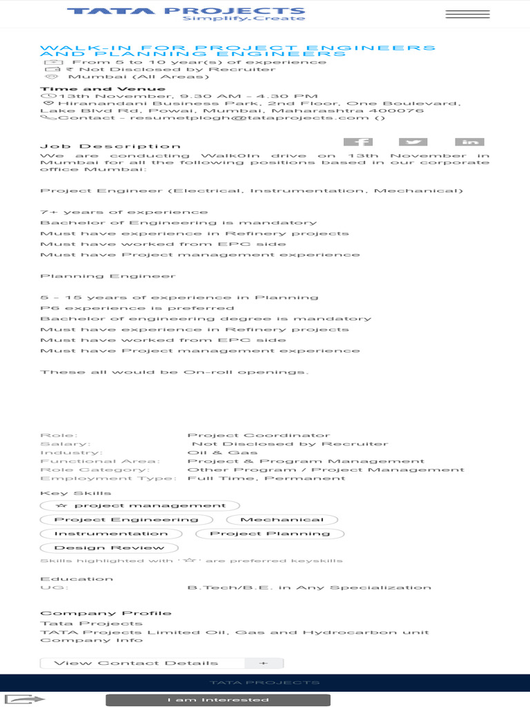 Walk-In For Project Engineers and Planning Engineers - Tata Projects, Mumbai (All Areas) From 5 ...
