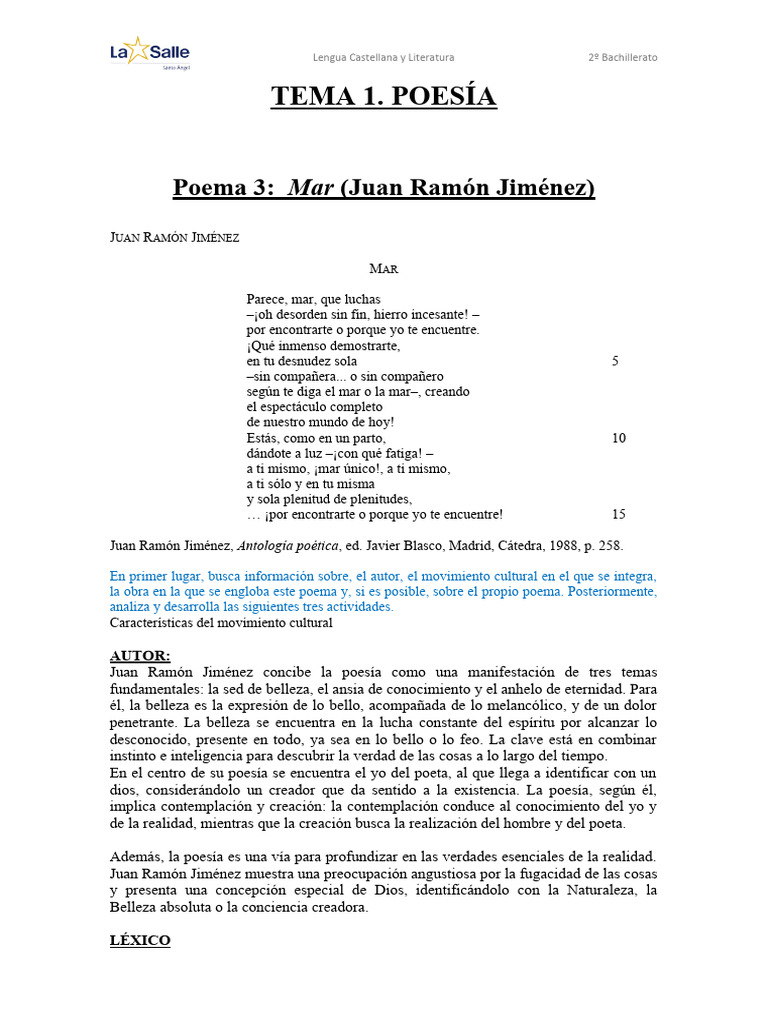 Poema 3 - Juan Ramón Jiménez - Mar - Actividades | PDF | Poesía