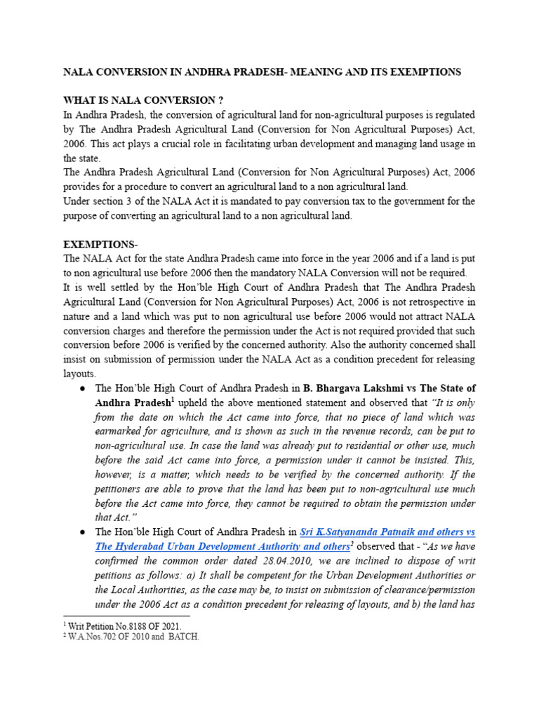 Nala Conversion in Andhra Pradesh - Meaning and Its Exemptions | PDF | Public Law | Justice