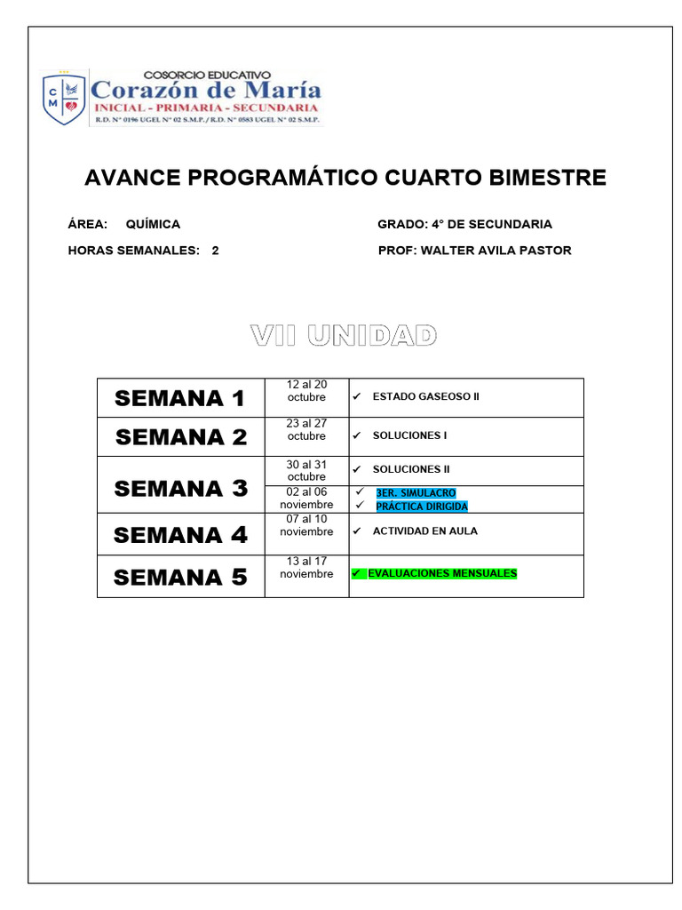 Vii Unidad: Avance Programático Cuarto Bimestre | PDF
