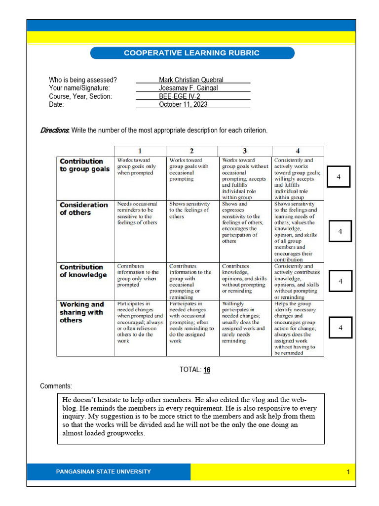 Cooperative Learning Rubric | PDF | Education Theory | Behavior ...