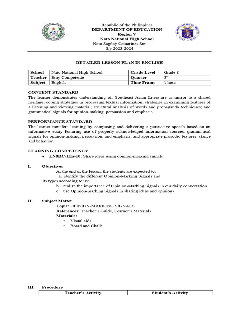 Lesson Plan: Opinion-Marking Signals | PDF | Learning | Persuasion