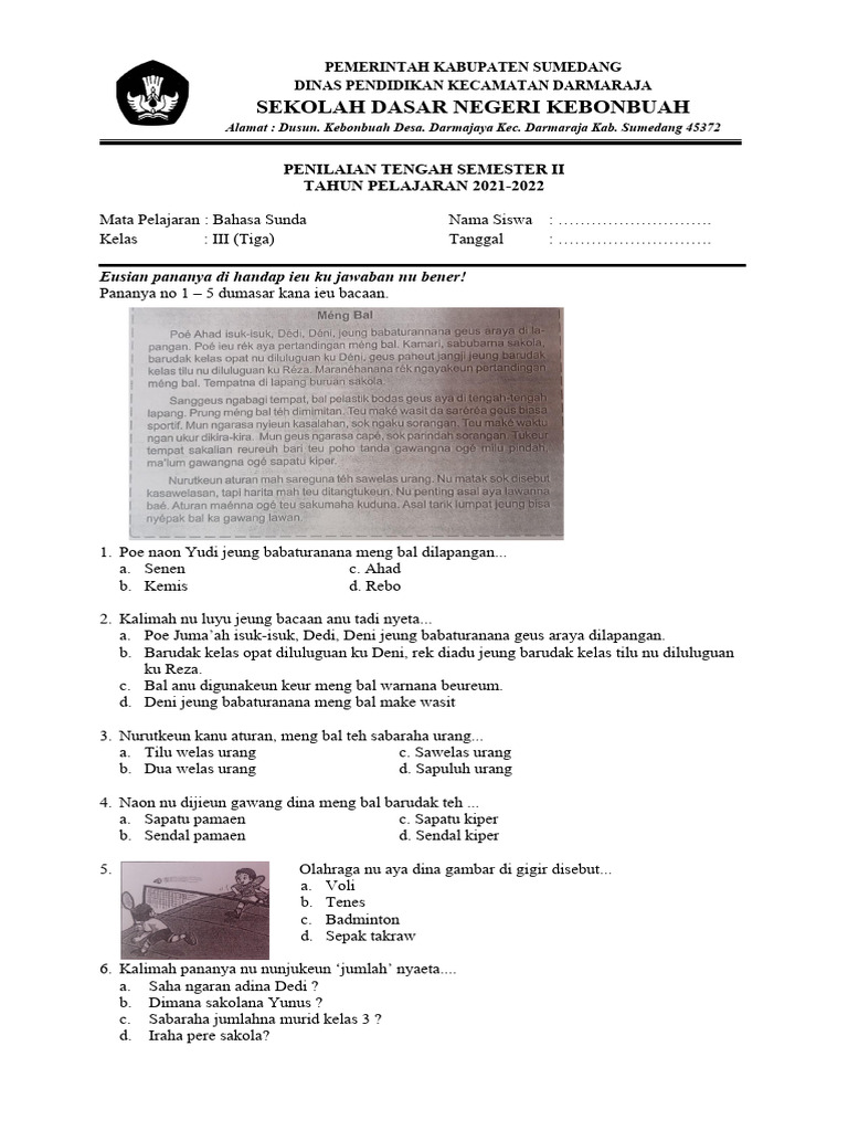 UTS TEMA Kelas 3 Bahasa Sunda | PDF