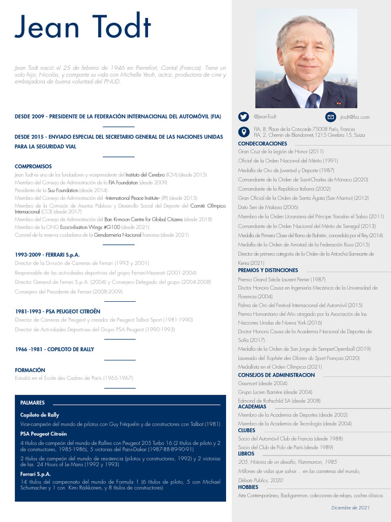 CV Jean Todt Diciembre 2021 Es 2 | PDF | Coche | Carrera de autos