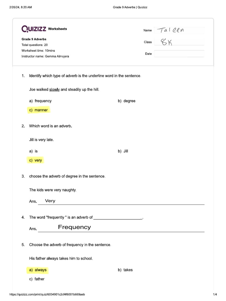 Gr. 8 Types of Adverbs | PDF