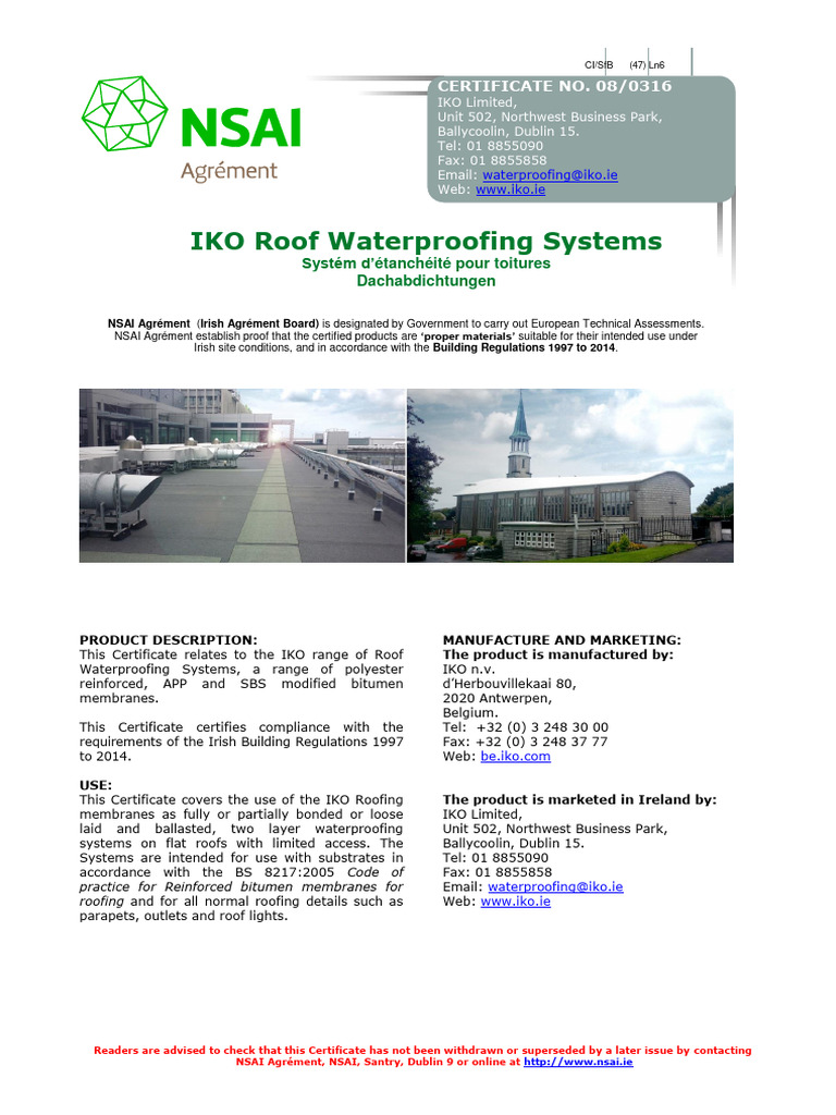 IKO Roof Waterproofing Systems Certificate | PDF | Roof | Adhesive