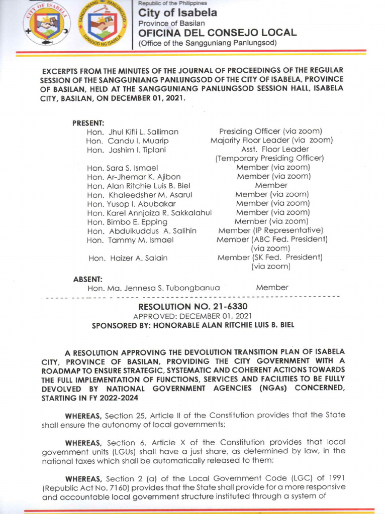 Resolution No. 21-6330 (A Rsolution Approving the Devolution Transition ...