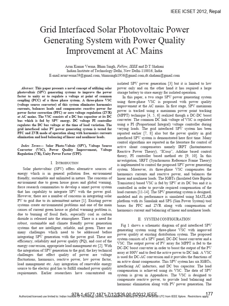 Grid Interfaced Solar Photovoltaic Power Generating System With Power Quality Improvement at AC ...
