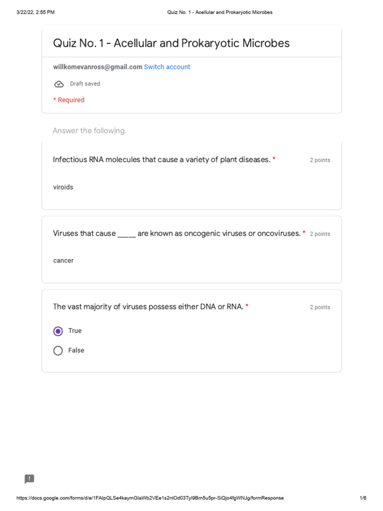 Quiz No 1 Acellular And Prokaryotic Microbes Pdf Virus Cell