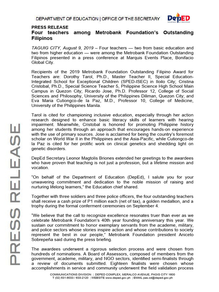 DepEd Press Release (Four Teachers Among Metrobank FoundationGÇÖs ...