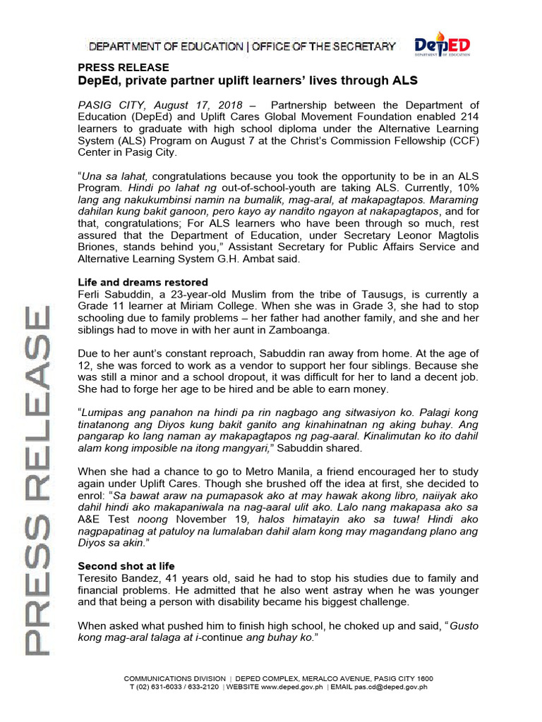 DepEd Press Release (DepEd, Private Partner Uplift Learners Lives ...