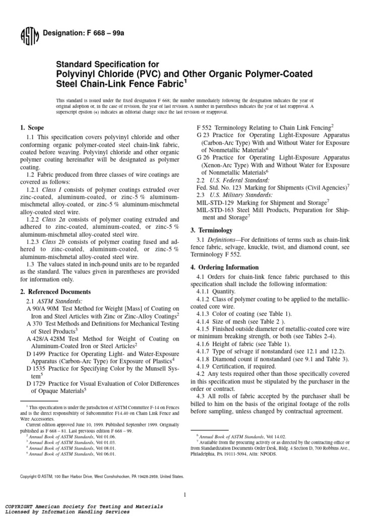ASTM F 668 - 99a PVC & Other Polymer Chain-Link Fence Fabric | PDF