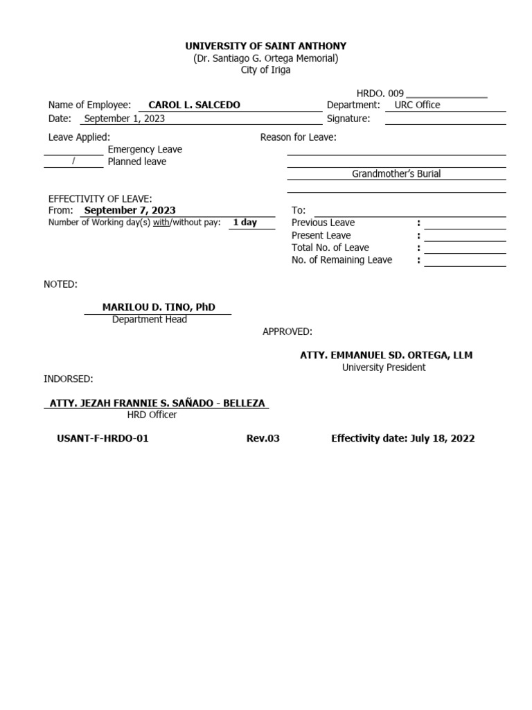 Carol's (Leave Form) - URC | PDF