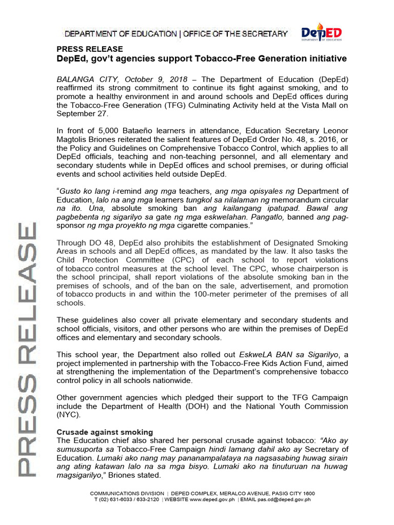 DepEd Press Release (DepEd, govGÇÖt Agencies Support Tobacco-Free ...