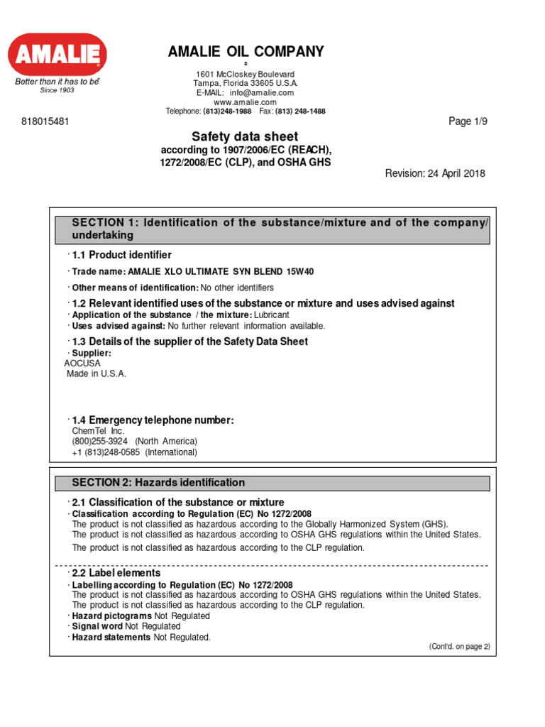 Amalie - Xlo Ultimate Synthetic Blend 15w40 | PDF | Occupational Safety ...