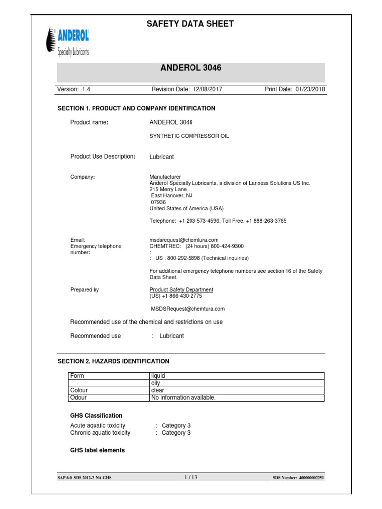 Anderol 3046 Iso 46 - Sds | PDF | Toxicity | Mutagen