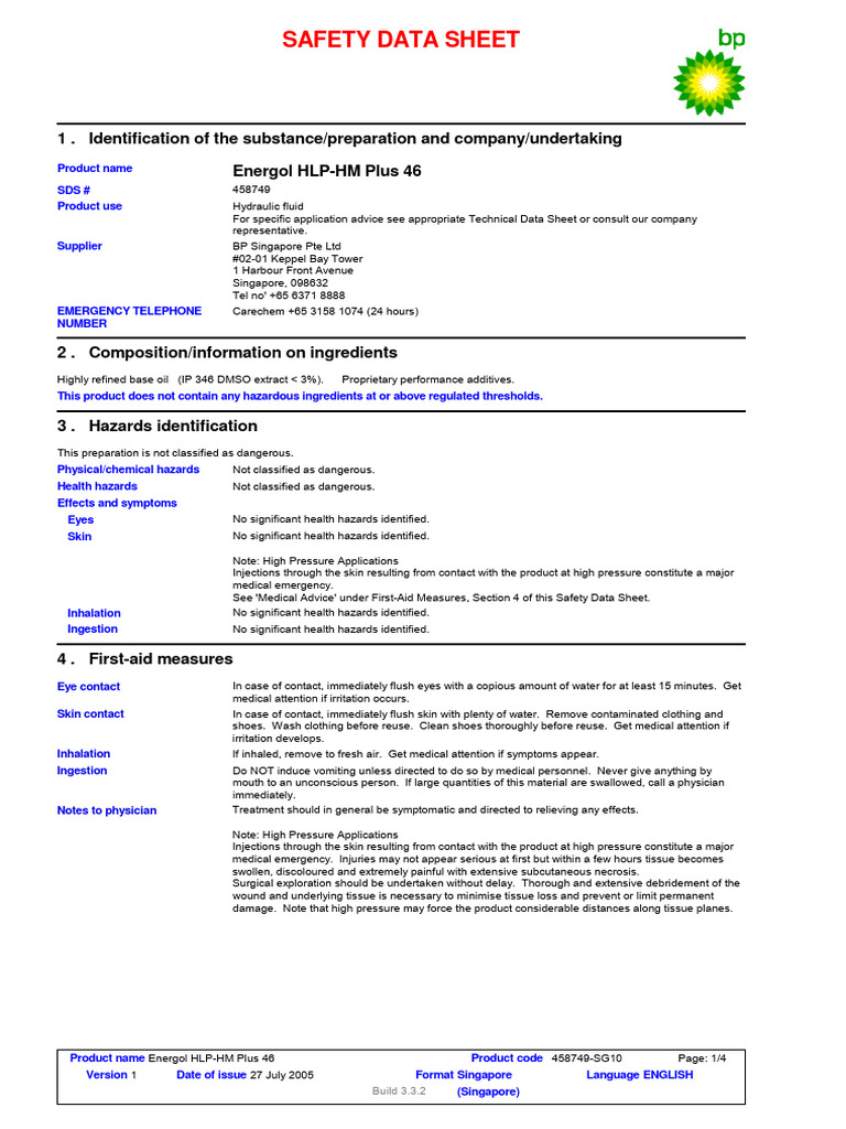 Energol HLP-HM Plus 46 Safety Data Sheet | PDF | Regulatory Compliance ...