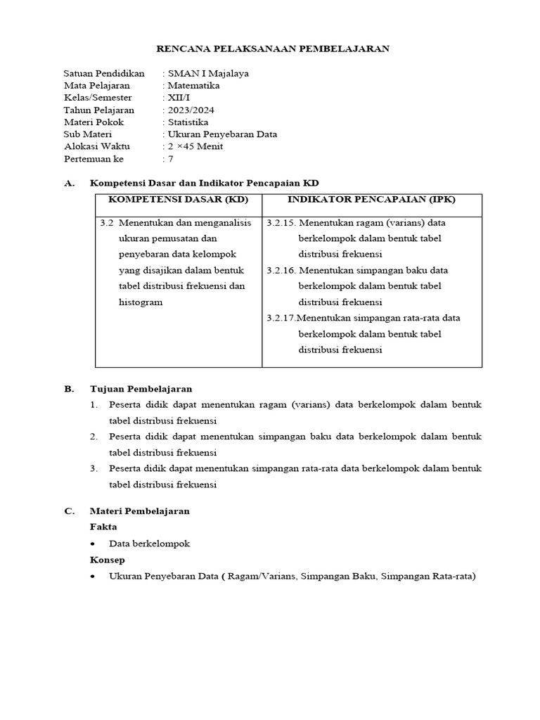10.RPP Ukuran Penyebaran Data Dalam Bentuk Tabel Dist Frek | PDF