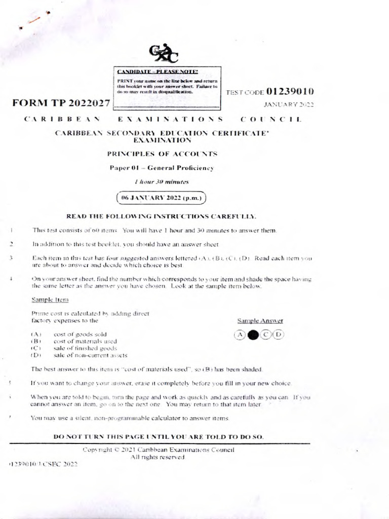 CSEC 2022 Principles of Accounts Exam Guide | PDF | Debits And Credits ...