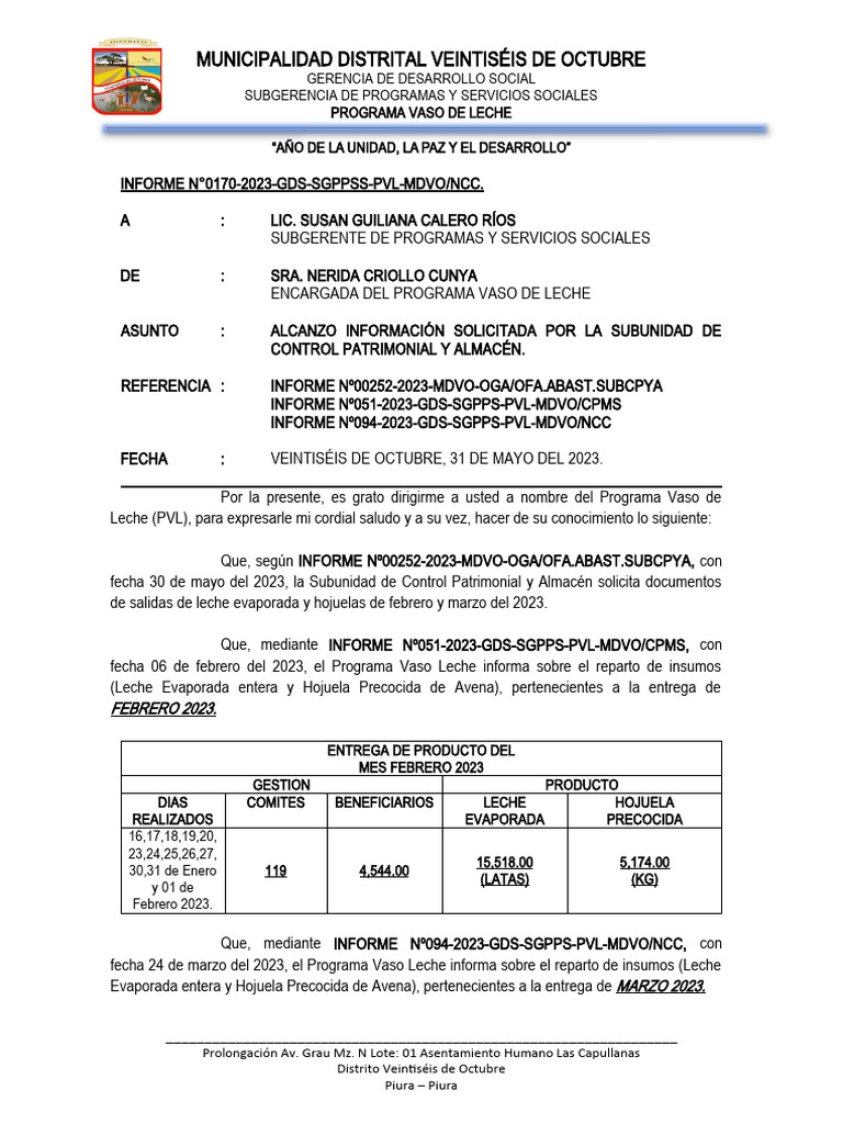 Informe N°0170-2023 - Alcanzo Informacion Solicitada Por Almacen | PDF Informe N°0170-2023 - Alcanzo Informacion Solicitada Por Almacen | PDF