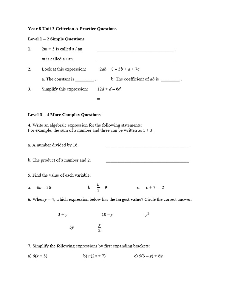 Year 8 Unit 2 Criterion A Practice Questions | PDF | Abstract Algebra | Mathematical Concepts