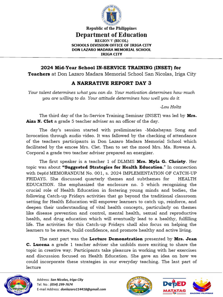 Narrative Report Day 3 Inset - Aiza | PDF | Health Education | Teachers