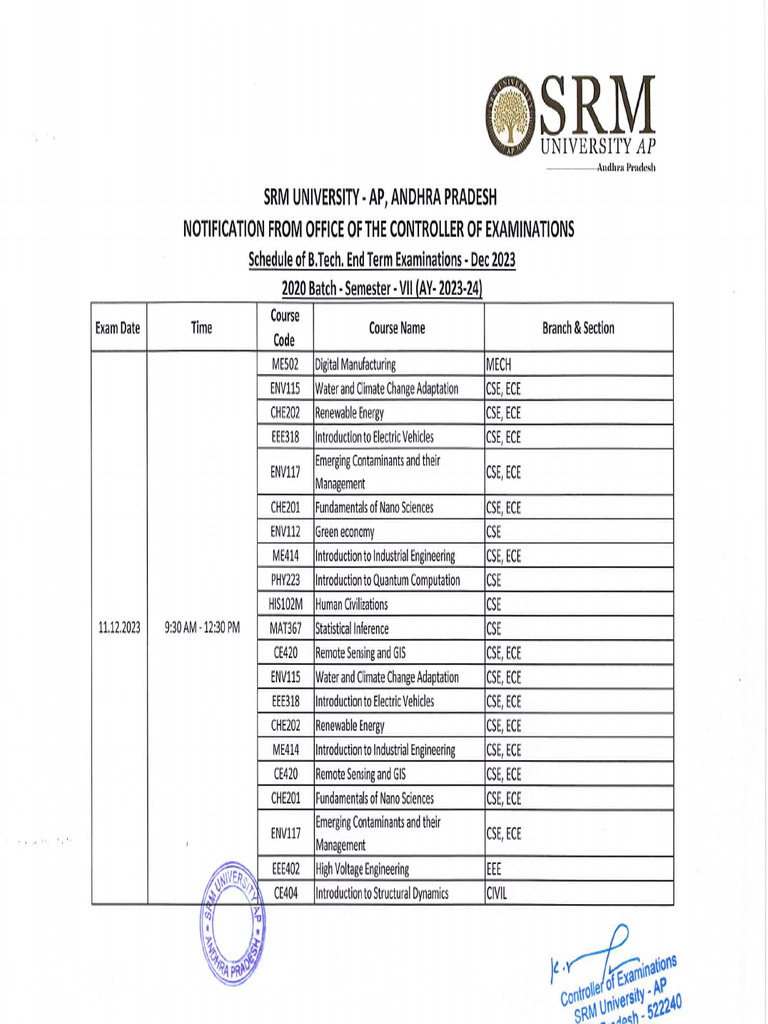 2020 - B.tech - 7th Sem. End Term Exams Schedule - Dec 2023 | PDF