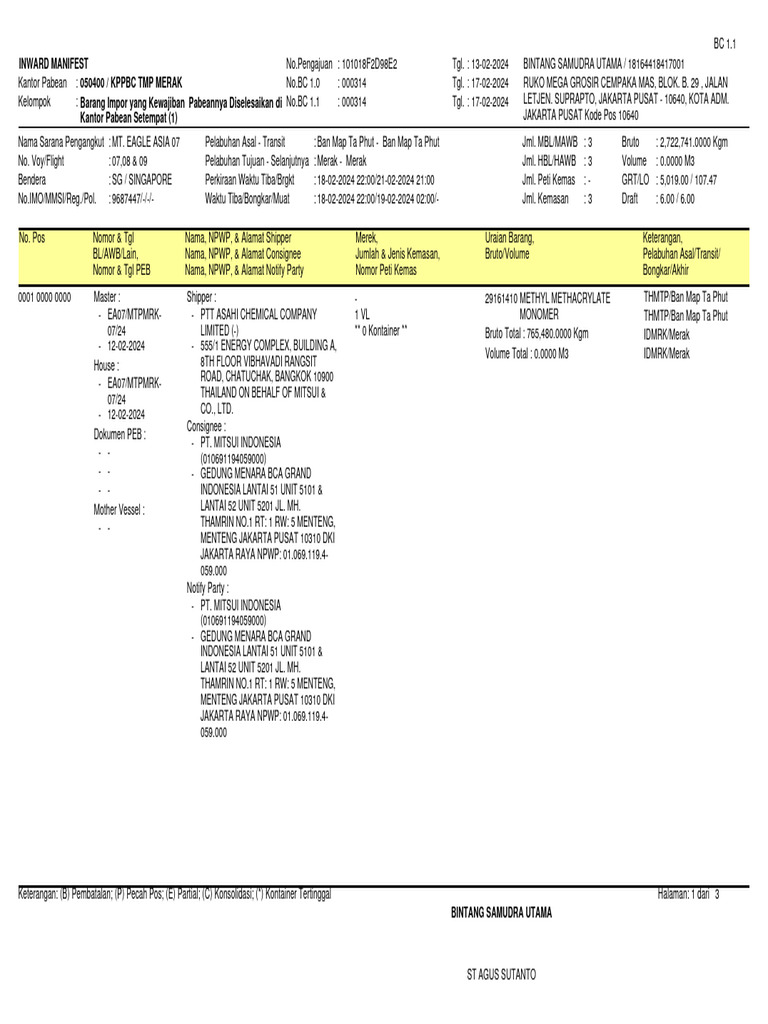 Inward Manifest BC 1.1 PT Sutindo | PDF